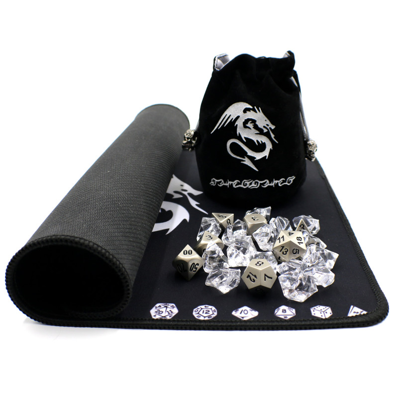 Metal DnD Dice set with Play Mat - Silver